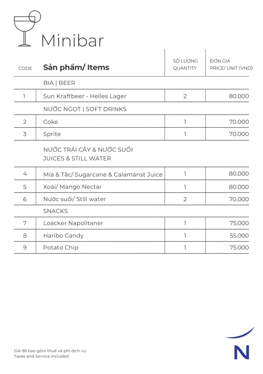 Novotel Danang Premier Han River - Mini Bar list